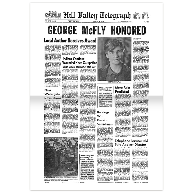 Back to the Future II Title page HILL VALLEY TELEGRAPH "George McFly Hono